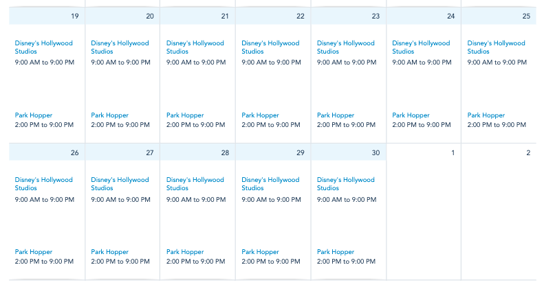 june park hours hollywood studios disney world schedule calendar 2 ...